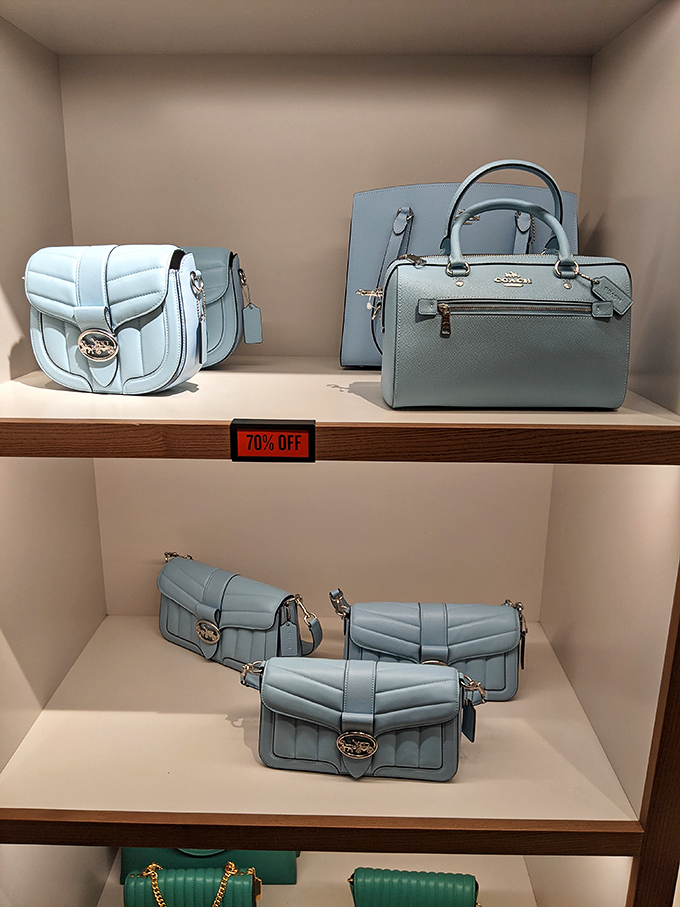 Coach handbags in soothing blue hues sit elegantly displayed with that magical "70% OFF" sign that transforms luxury from aspiration to attainable reality.