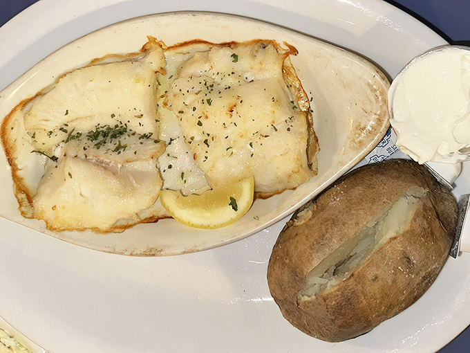 Perfectly broiled haddock with a baked potato on the side. Sometimes the simplest preparations let great ingredients shine brightest.