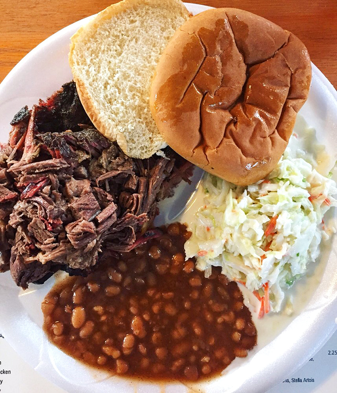 The perfect barbecue plate doesn't exi&mdash; Oh wait, here it is: chopped beef, coleslaw, and baked beans forming the Bermuda Triangle of deliciousness.