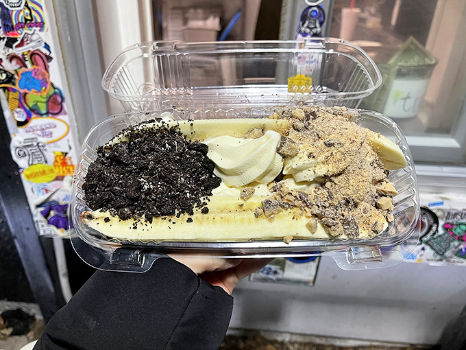 This banana split looks like summer vacation on a plate – three flavors dancing together in sweet, creamy harmony.