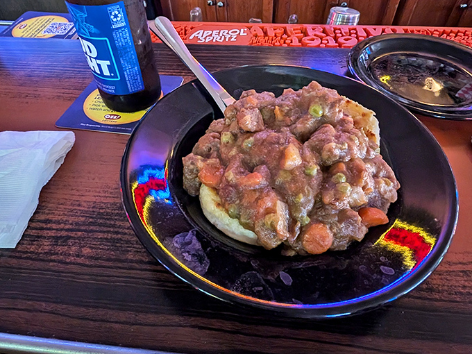 Comfort in a bowl &ndash; this hearty beef stew served over what appears to be a biscuit base is like a warm hug from the inside out.