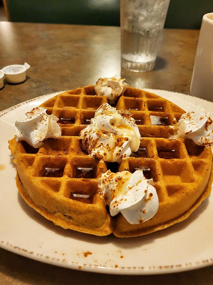 Breakfast perfection doesn't need to be complicated. This golden Belgian waffle with dollops of whipped cream speaks the universal language of morning happiness.