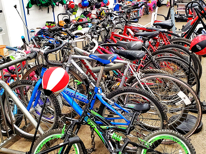 The bicycle graveyard, where two-wheeled steeds patiently wait for new riders to take them on adventures beyond their previous owners' imaginations.