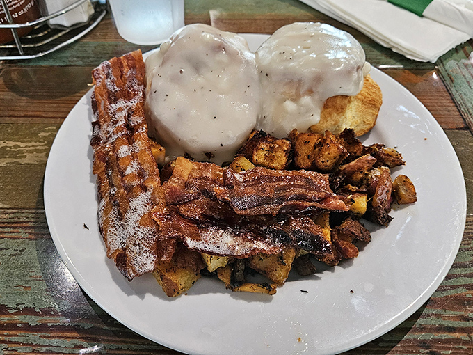 Biscuits and gravy with a side of bacon&mdash;because sometimes the universe just wants you to be happy and doesn't care about your cholesterol.
