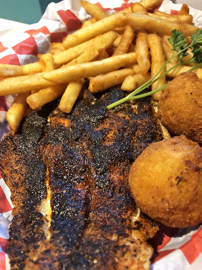 Blackened to perfection with hush puppies standing guard&mdash;this isn't just fish, it's Florida's coastal bounty transformed into comfort food royalty.