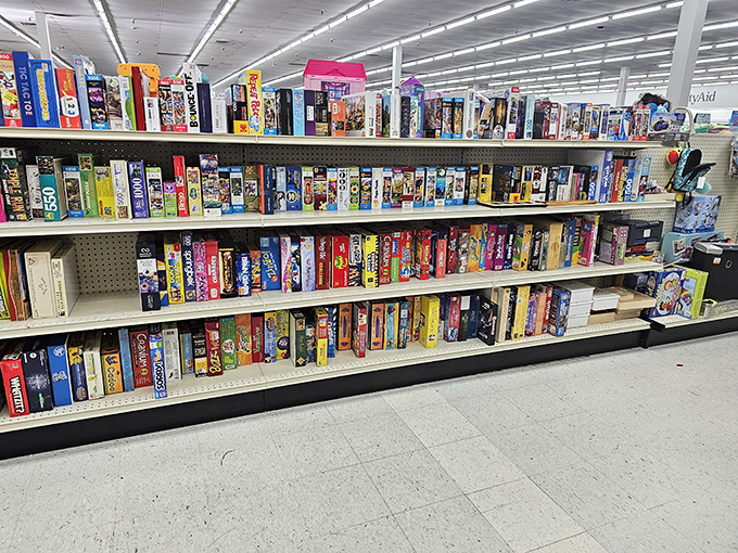 Board game heaven! Monopoly, Scrabble, and forgotten gems from the '90s wait patiently for family game nights to be reborn.