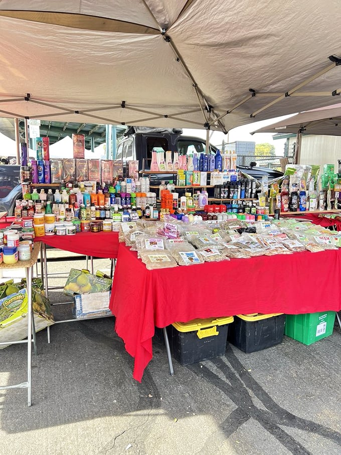 Beauty bonanza under canvas! This rainbow array of personal care products proves you don't need department store lighting to find your perfect match.