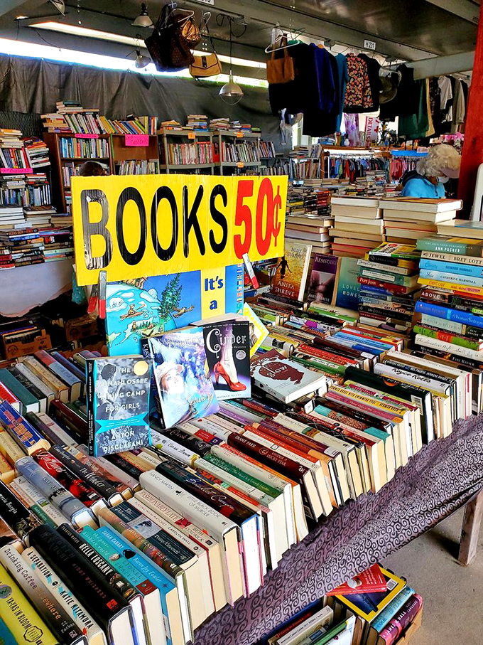 Books at 50 cents? That's cheaper than the library late fee! Literary treasures stacked higher than your summer reading ambitions.