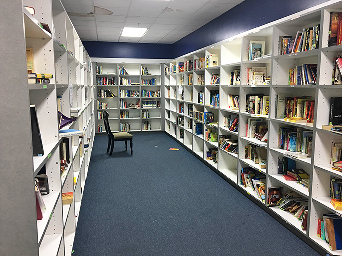 A bibliophile's paradise where stories find second homes and forgotten classics await rediscovery on pristine white shelves.