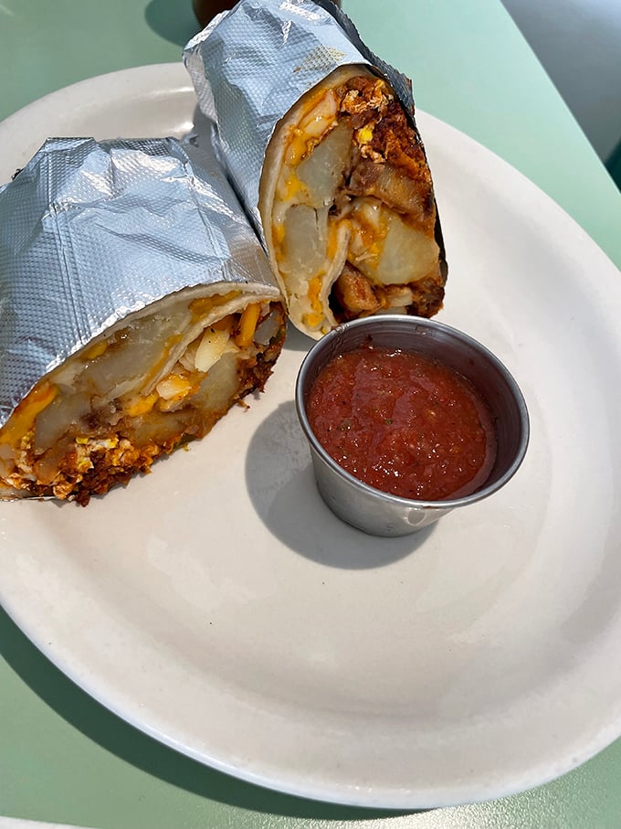 Breakfast burritos wrapped in foil &ndash; portable perfection stuffed with potatoes, eggs, and cheese that might just be worth crossing county lines for.