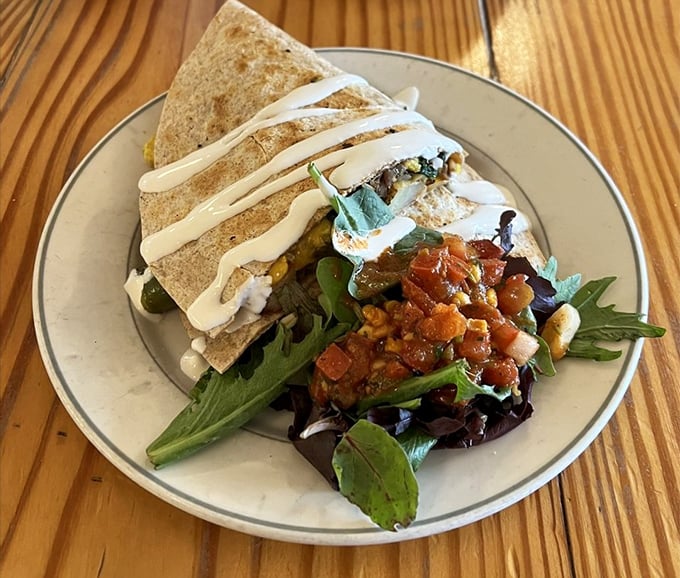 A breakfast quesadilla that doesn't miss the dairy one bit. That salsa looks like it could wake up your taste buds better than coffee.
