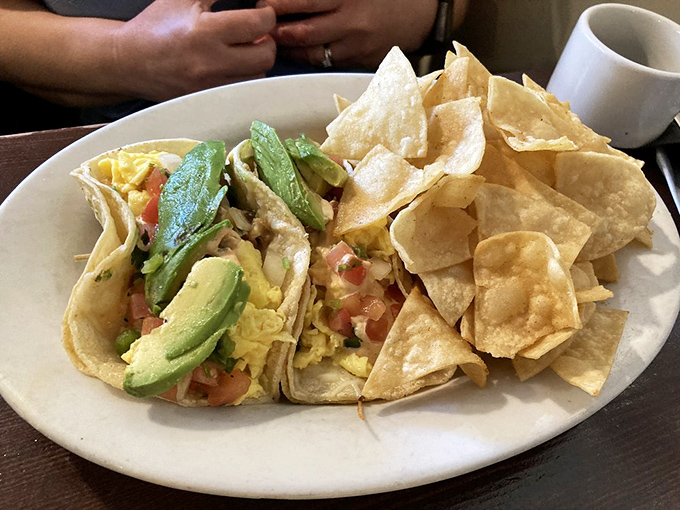 Even the breakfast tacos get the Hollywood treatment here, with fresh avocado and pico de gallo ready for their close-up.