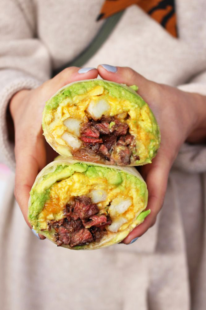 Not your abuela's breakfast burrito&mdash;this colorful creation wraps steak, eggs, and avocado in a vibrant green tortilla that's as photogenic as it is delicious.