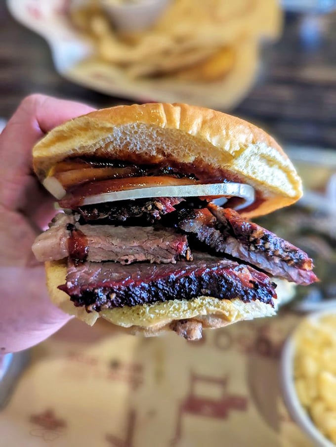 The perfect brisket sandwich &ndash; a study in contrasts between soft bun, crunchy onion, and meat so tender it practically surrenders at first bite.