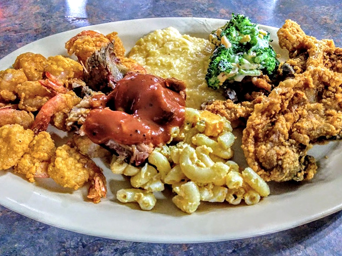 The ultimate Southern plate&mdash;fried shrimp, mac and cheese, fried chicken, and sides that make vegetables actually worth eating.