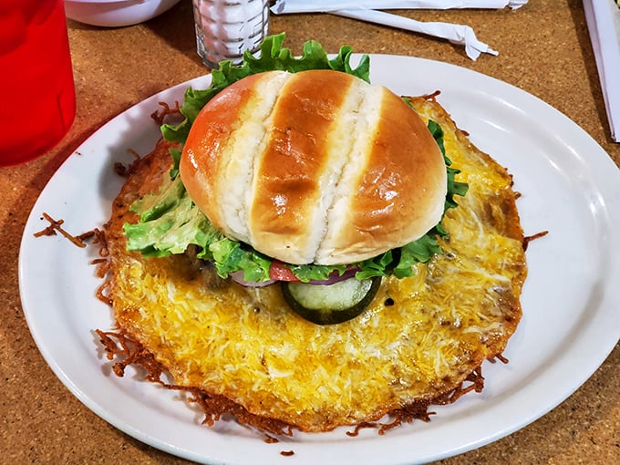 When a burger comes with a crispy cheese skirt like that, you know you're not in fast-food territory anymore. This is serious comfort food business.