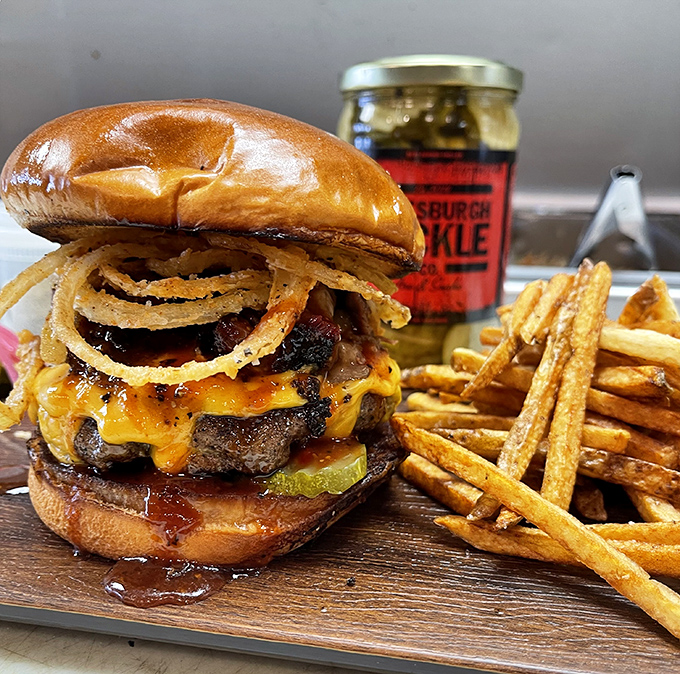 This isn't just a burger&mdash;it's an architectural marvel of beef, cheese, and those glorious crispy onions. Napkins required, no exceptions.