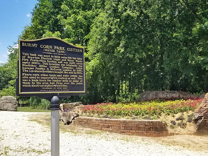 Burnt Corn Park Cistern stands as a historical landmark, telling stories of Brewton's past while flower beds add splashes of affordable beauty.