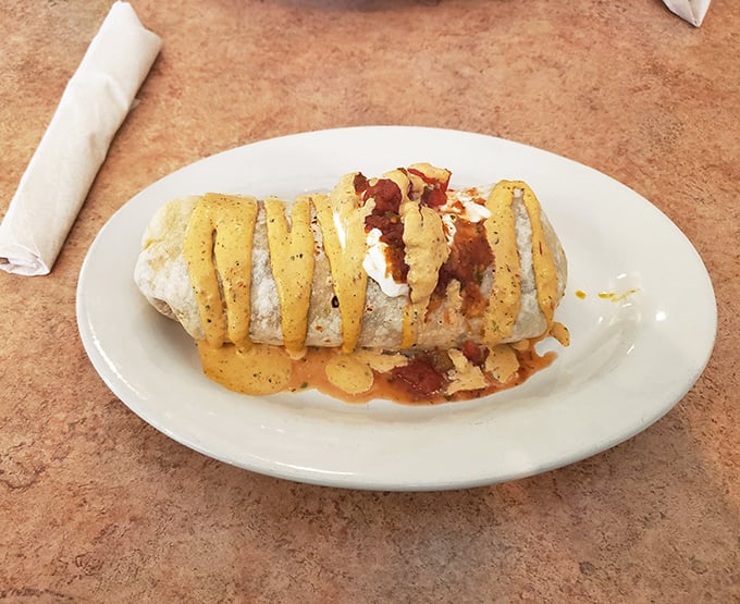 Burrito artistry at its finest. Those sauce drizzles aren't random&mdash;they're the Jackson Pollock signature on a canvas of culinary creativity.