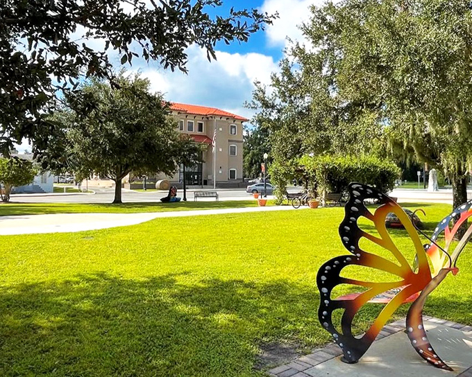 Bushnell Plaza Park's butterfly sculpture adds a touch of whimsy to the town square, proving that art belongs everywhere, not just in big-city galleries.