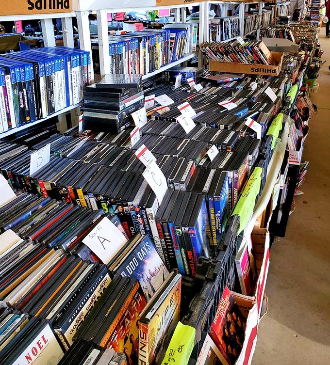 The DVD section: where streaming subscribers rediscover the joy of physical media and the phrase "no WiFi required" feels revolutionary again.