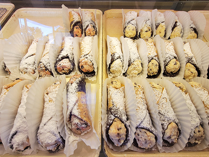 Cannoli lined up like sweet soldiers, their cream filling waiting to deliver deliciousness with the efficiency of a well-trained pastry battalion.