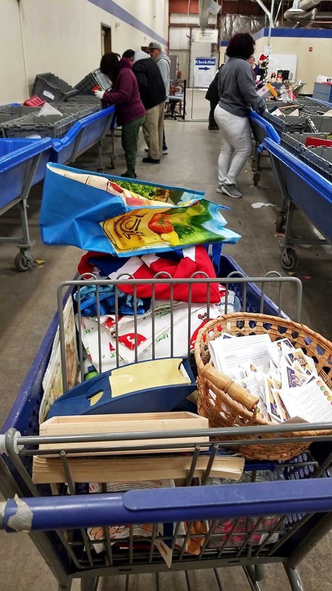 A cart overflowing with finds that somehow all make perfect sense together in the moment.