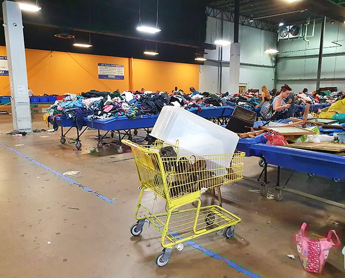 The yellow shopping cart&mdash;trusty sidekick to serious thrifters. Notice the white container for organizing smaller finds&mdash;that's pro-level treasure hunting.