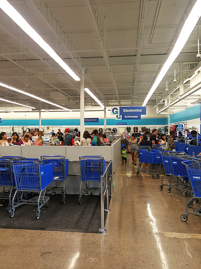 The final frontier: checkout lines with blue carts standing ready for their next bargain-filled mission.