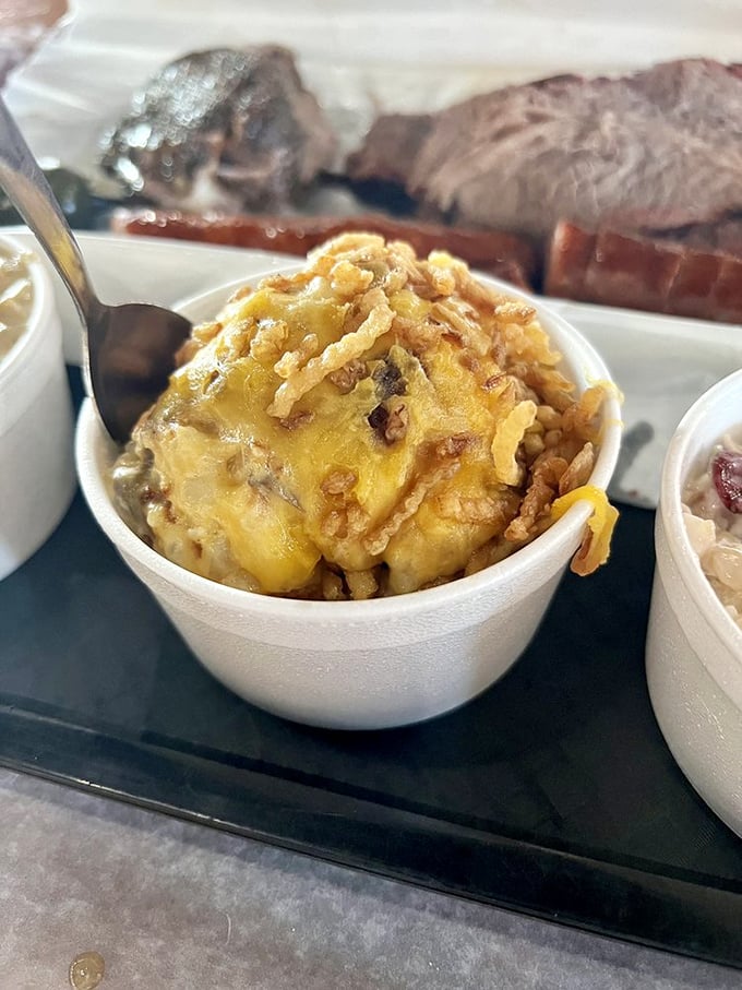 Tater tot casserole topped with crispy onions&mdash;comfort food that makes you want to hug whoever invented it.