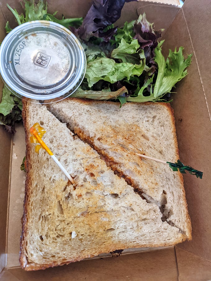 Who needs takeout when your sandwich comes in an eco-friendly box with fresh greens? Simple pleasures, thoughtfully presented.