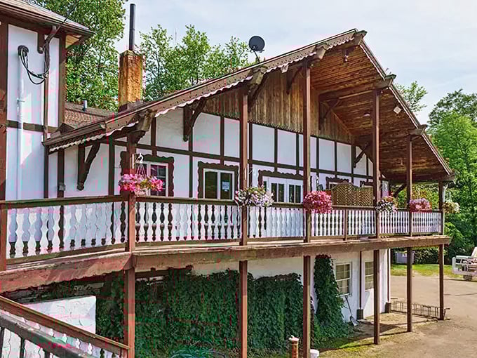 This charming Alpine-inspired building with its wooden balcony and hanging flower baskets brings a touch of European flair to Ohio's Amish Country.