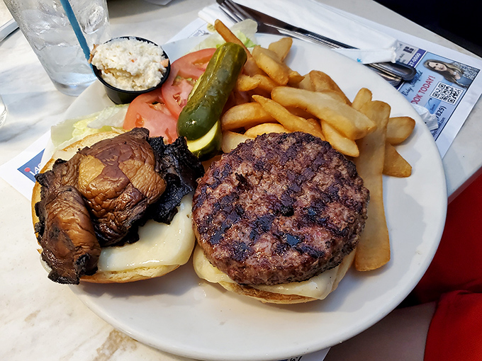 A burger that requires both hands and a strategy. Grilled to perfection with a portobello companion that adds an umami exclamation point.