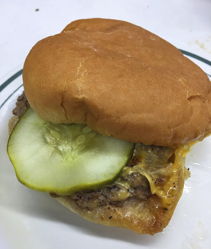 This isn't just a cheeseburger&mdash;it's a masterclass in simplicity with its pickle slice peeking out like it knows something you don't yet.