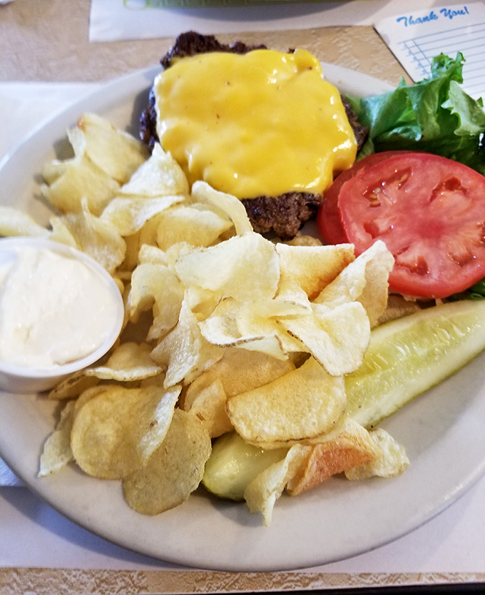 A proper diner cheeseburger with all the fixings. No tweezers were used in the assembly of this magnificent creation, just experienced hands and good intentions.