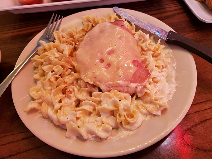 Chicken Cordon Bleu nestled on a bed of noodles &ndash; like a comfort food hug from a Swiss-French grandmother who moved to Ohio.