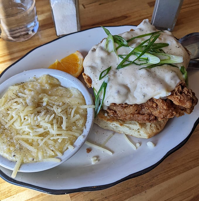 This isn't just chicken and biscuits &ndash; it's Southern comfort wrapped in Maine hospitality, topped with gravy that could make a vegetarian reconsider life choices.