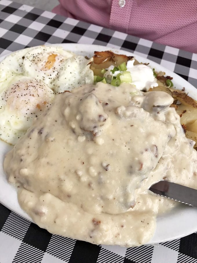 Country gravy blankets this hearty breakfast like a warm hug. Comfort food doesn't get more comforting than this stick-to-your-ribs classic.