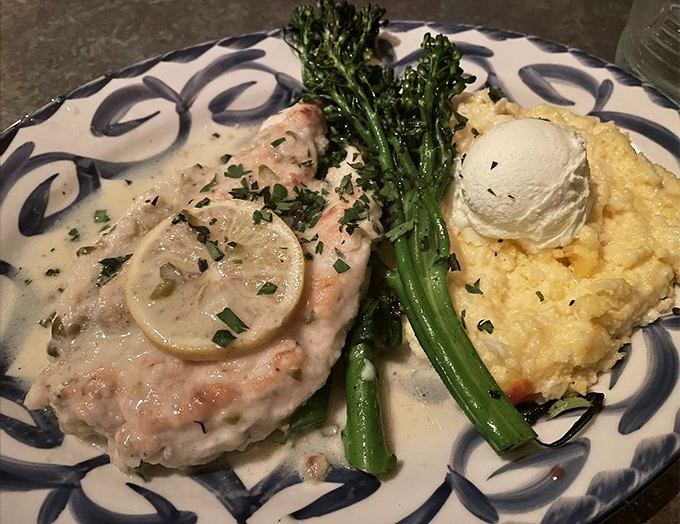 Chicken piccata that's lemony, buttery, and served with a side of polenta that's creamier than Dean Martin's voice.