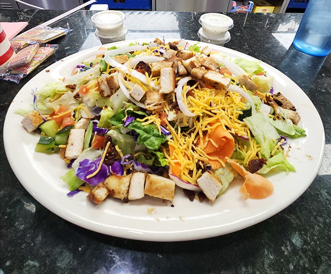 This isn't just a salad; it's a colorful rebellion against boring lunches, with crisp vegetables and grilled chicken playing together like old friends.