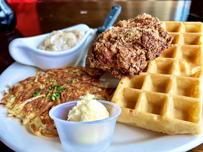 Chicken and waffles&mdash;the breakfast equivalent of a mullet: business waffle on the bottom, party chicken on top. Comfort food perfection.