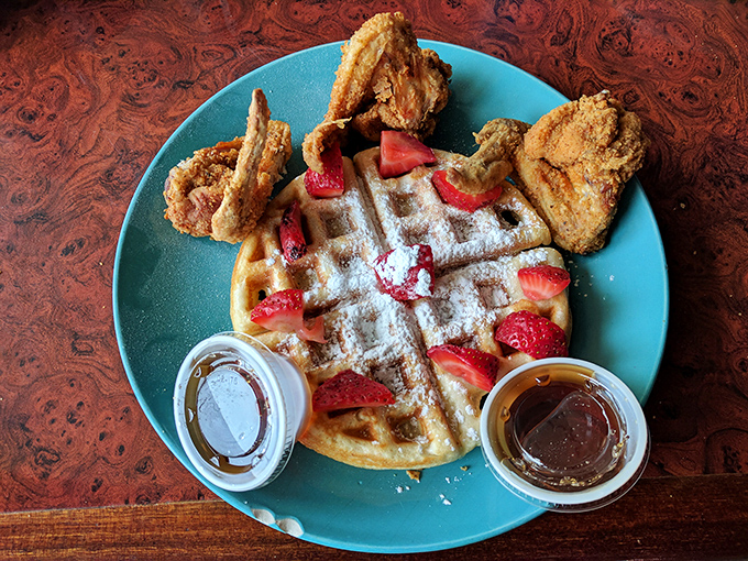 Chicken and waffles: breakfast or dinner? The correct answer is "whenever you can get it." Sweet, savory, and utterly irresistible.