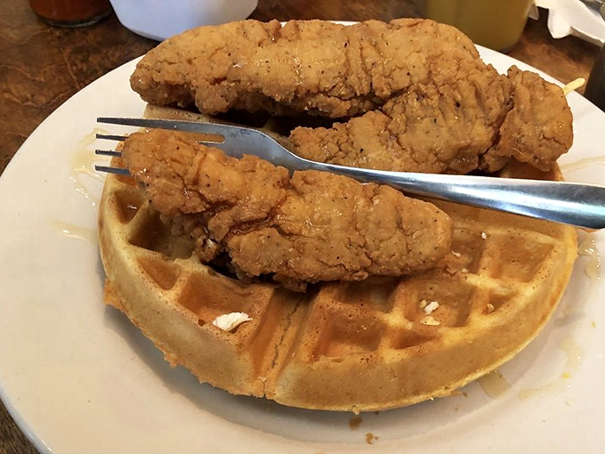Chicken and waffles—the breakfast equivalent of a mullet. Business on the bottom, party on top, and absolutely delicious all around.