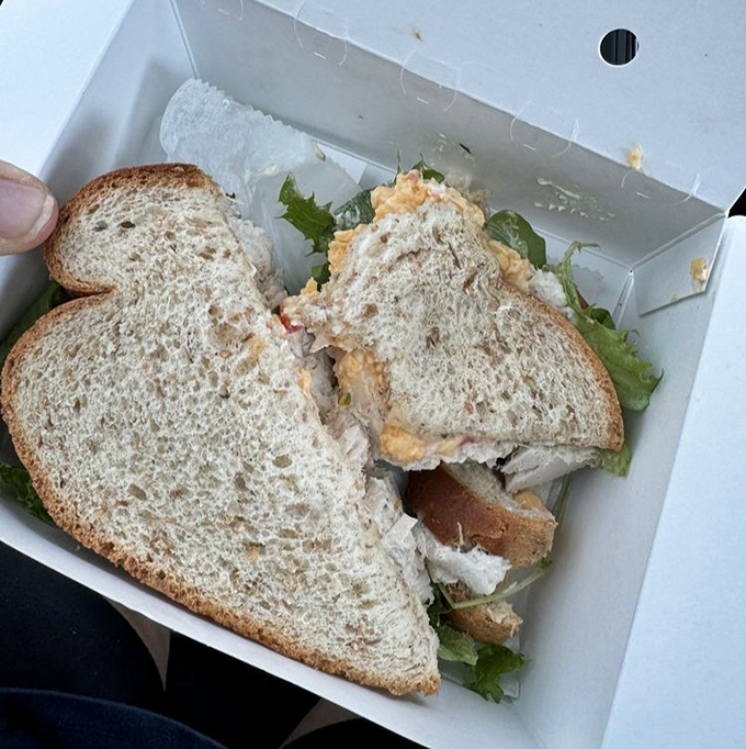 Chicken salad that your grandmother would approve of, nestled between slices of wholesome bread. Comfort food that travels well from plate to memory.