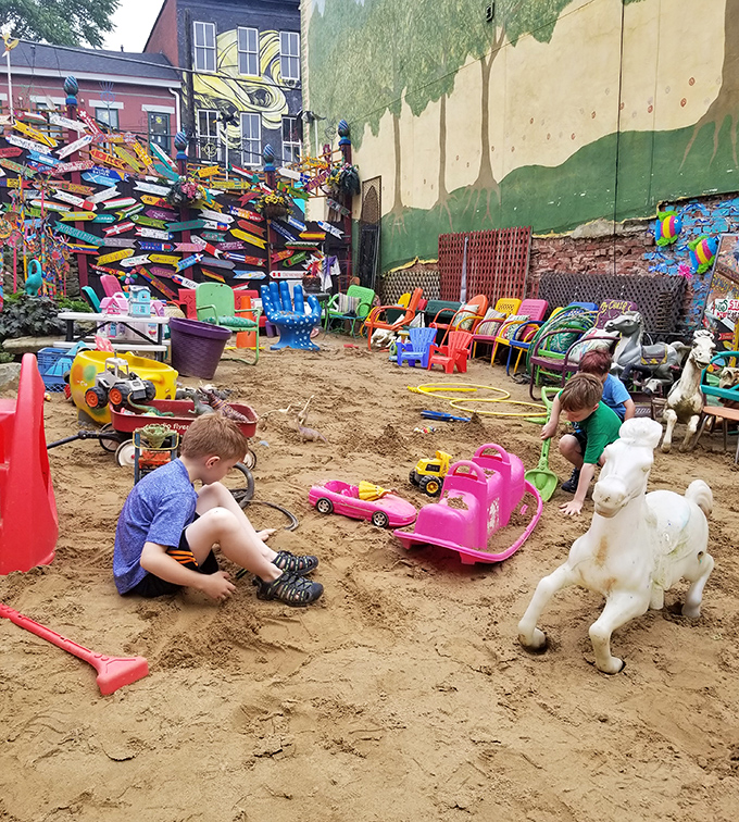 Even the sandbox becomes an art installation where kids create masterpieces while surrounded by masterpieces of a different kind.