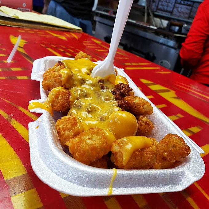 Golden tots buried under chili and cheese create a comfort food mountain that's basically a warm hug in disposable container form here.