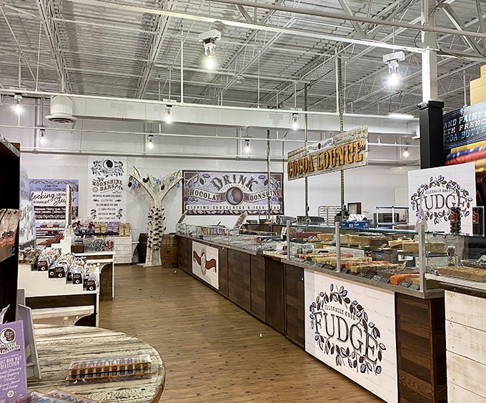 Chocolate Moonshine's rustic charm offers sweet salvation for weary shoppers. The perfect reward for conquering the outlet wilderness.
