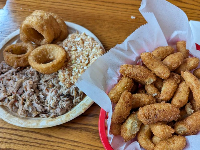 The classic chopped barbecue plate with all the fixings&mdash;proof that happiness doesn't need to be complicated, just perfectly executed and served on a paper plate.