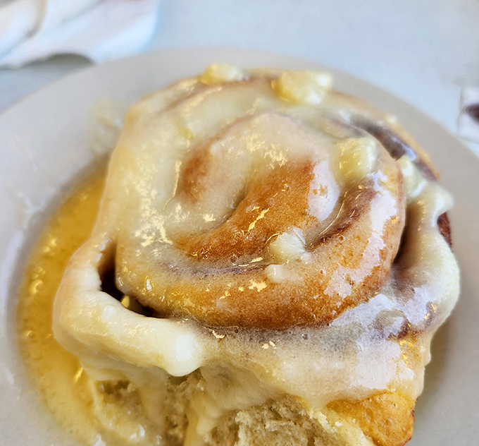 This cinnamon roll isn't just breakfast &ndash; it's dessert masquerading as morning food, with icing melting into every warm, cinnamon-spiced crevice.