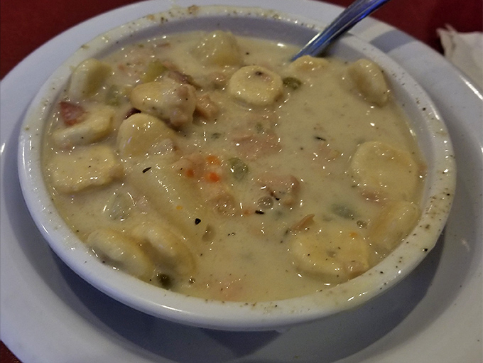 A bowl of clam chowder thick enough to float a spoon, creamy as a Sinatra ballad.